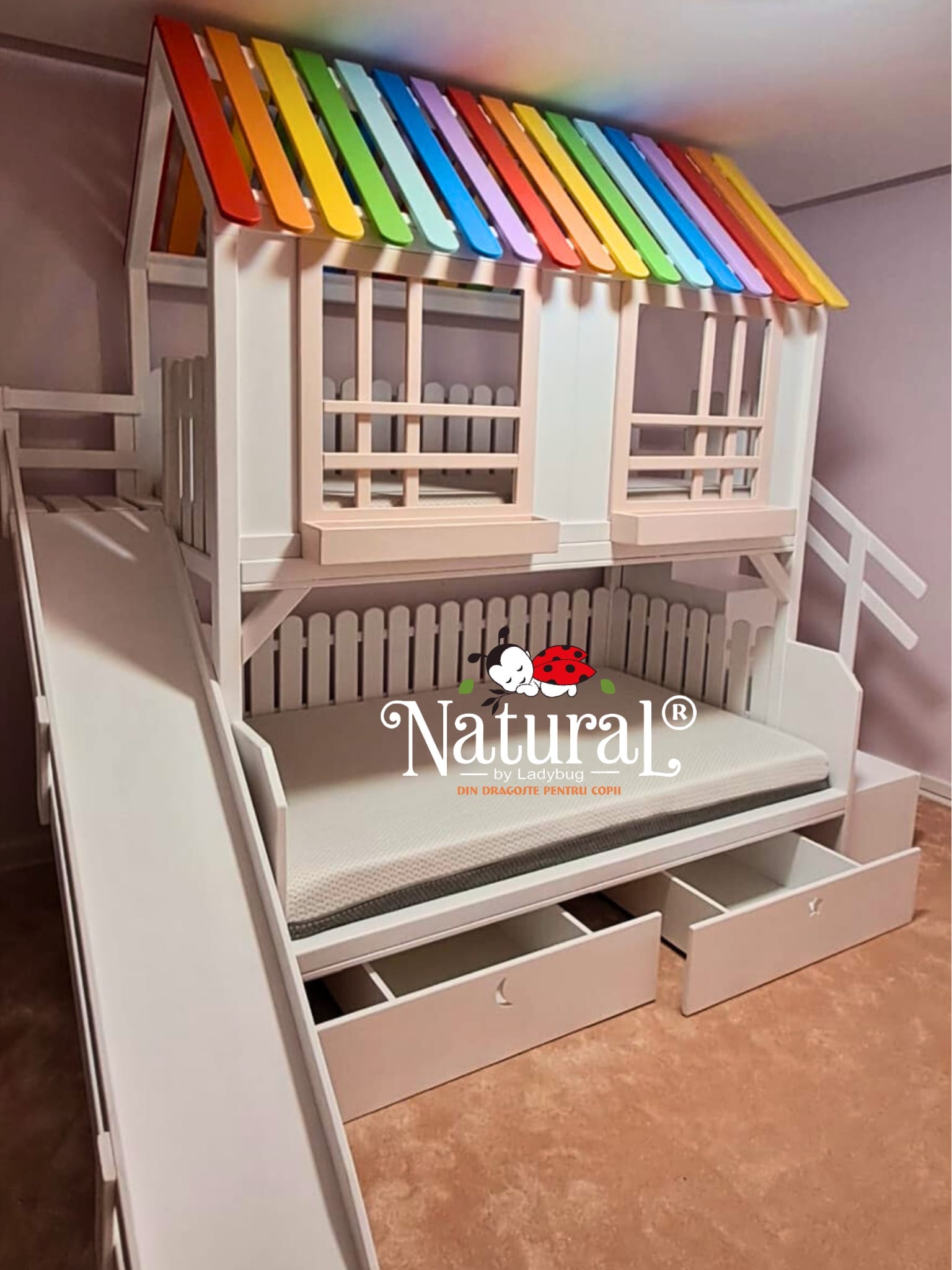 Pat supraetajat Casuța Curcubeului – Natural by Ladybug